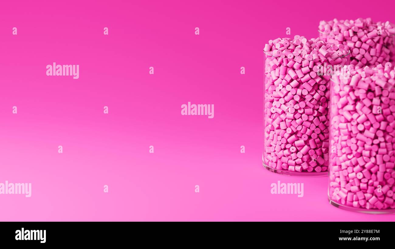 Side view on three glasses with pink plastic polypropylene granules ...