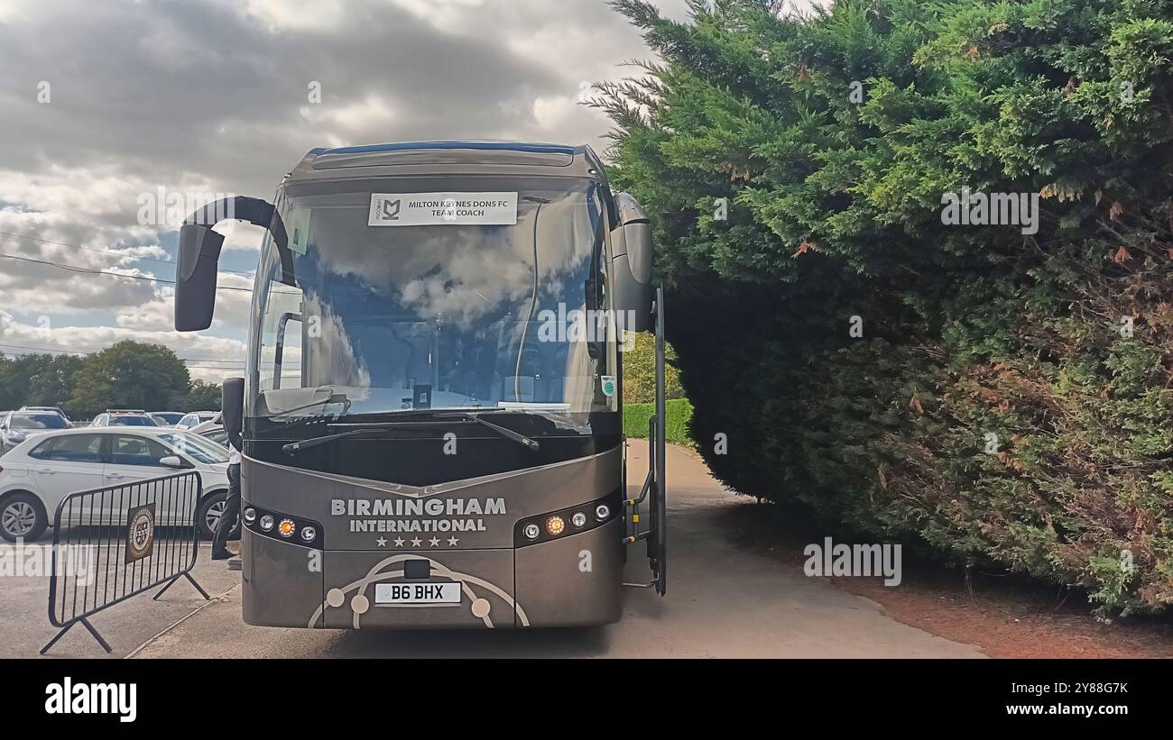 The MK Dons team bus outside the Hayes Lane stadium in Bromley, London ...