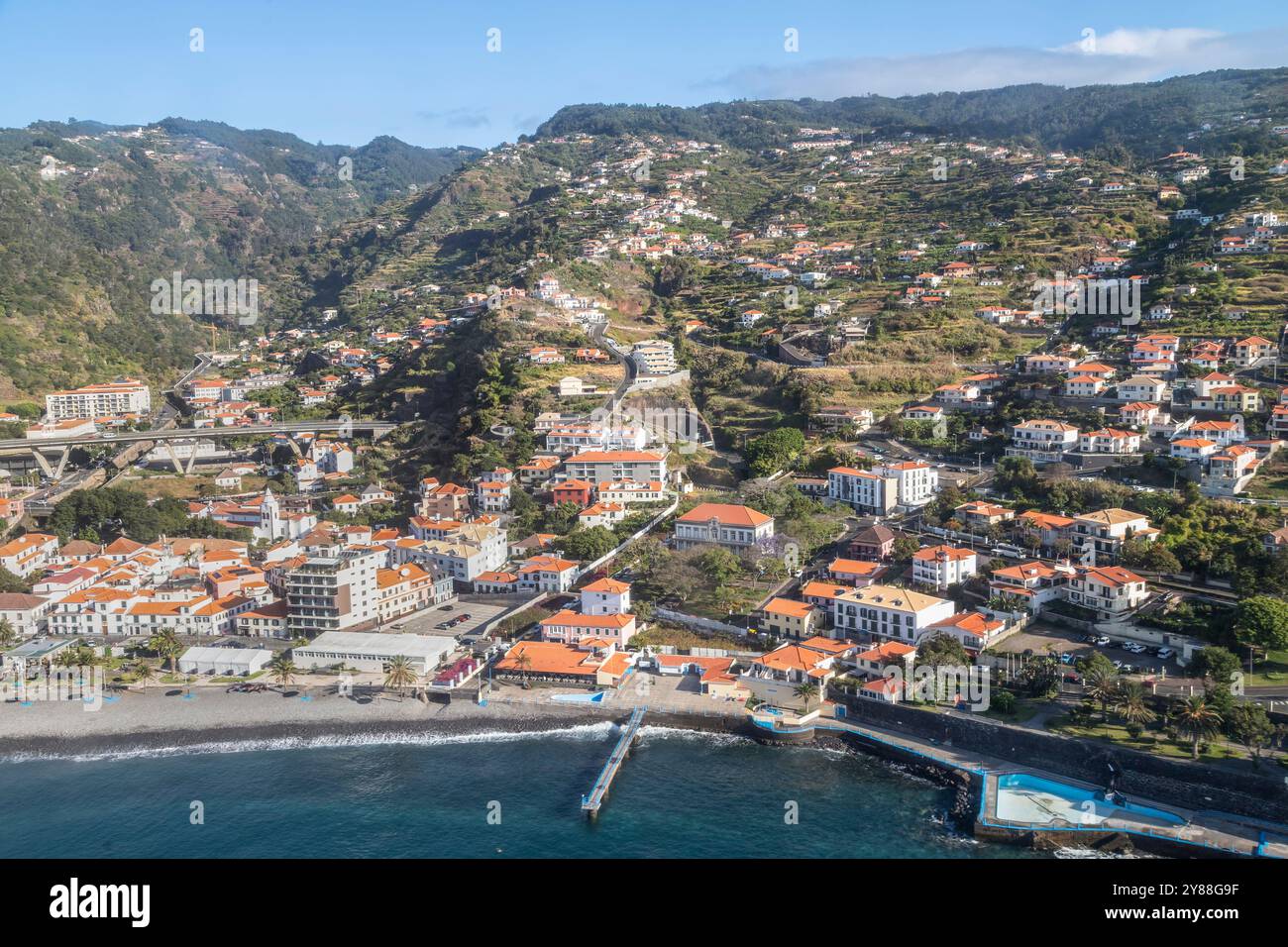 Aerial view of the village of Santa Cruz on the Portuguese island of ...