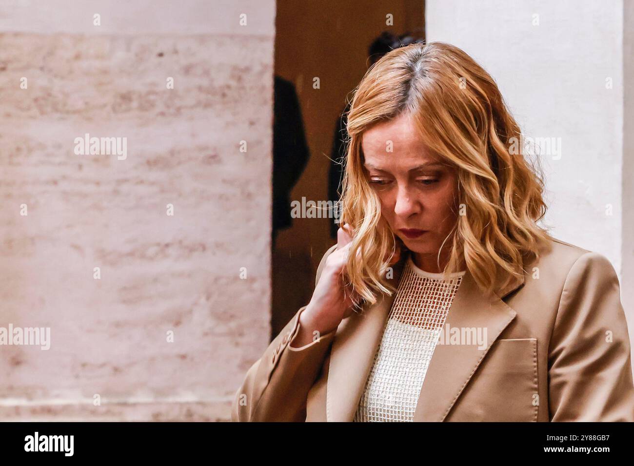 Rome, Italy. 3rd Oct, 2024. Italy's Premier Giorgio Meloni arrives to ...