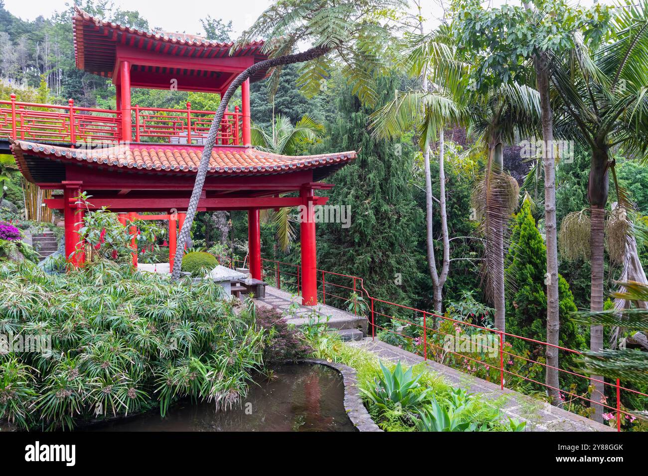 Red pagoda in Monte Palace Tropical Garden, Funchal, Madeira, Portugal ...