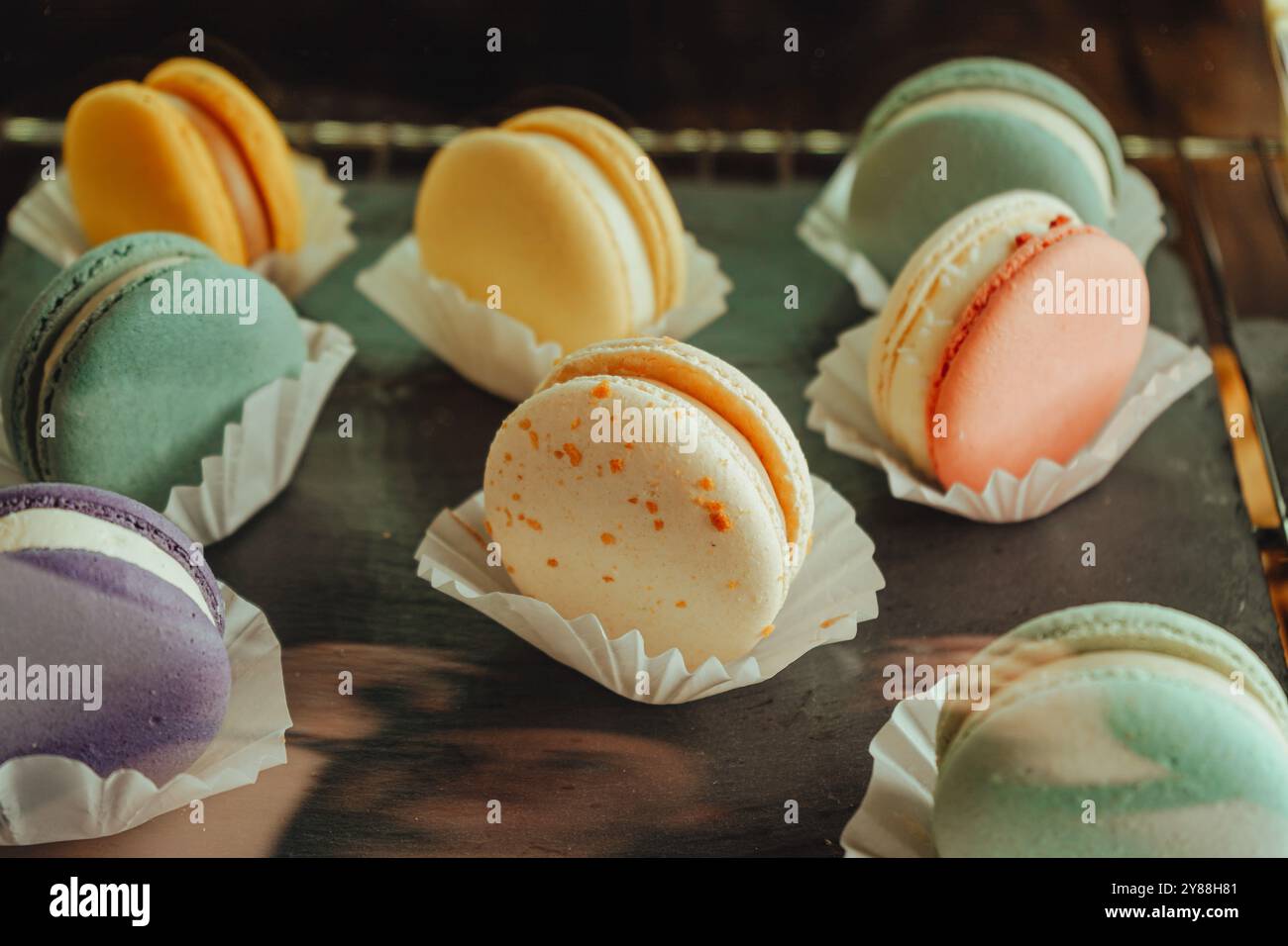 French desert stacked by color and flavors, popular sweet meringue ...