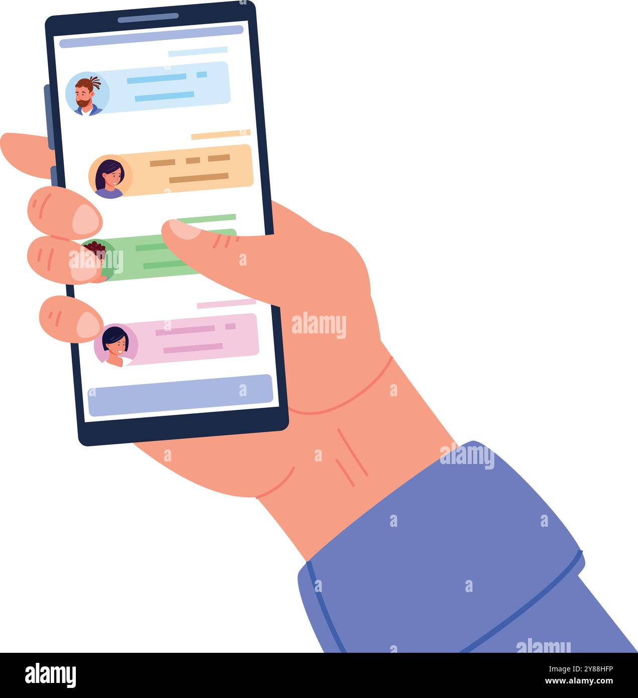 Hand hold smartphone with chat app on screen. Social communication ...