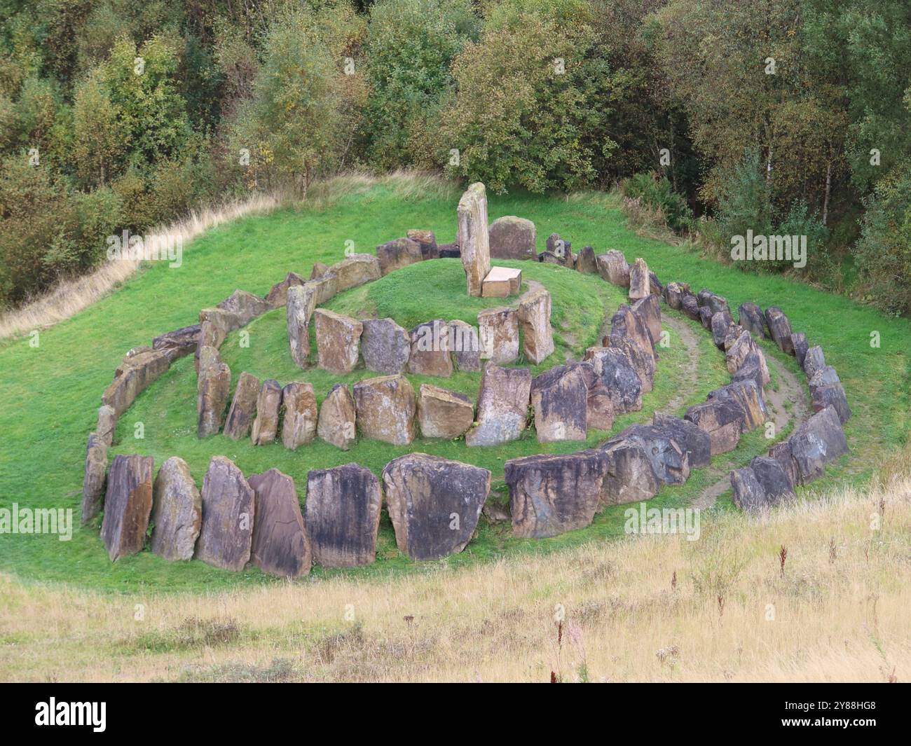 Crawick Multiverse: a corkscrew path between giant boulders on a mound ...