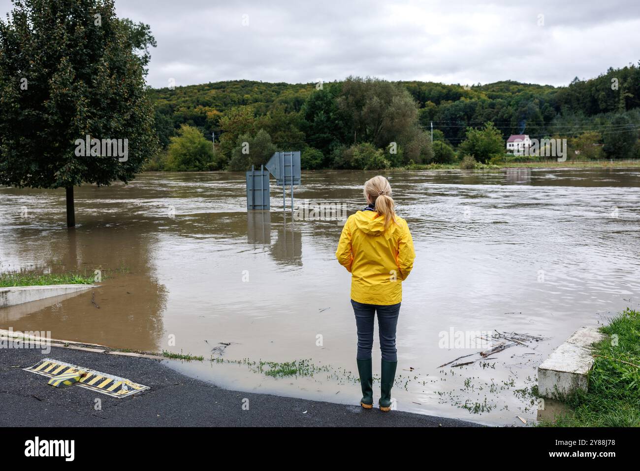 Flooded river. Worried woman looking at overflowing water during flood. Extreme weather and ...