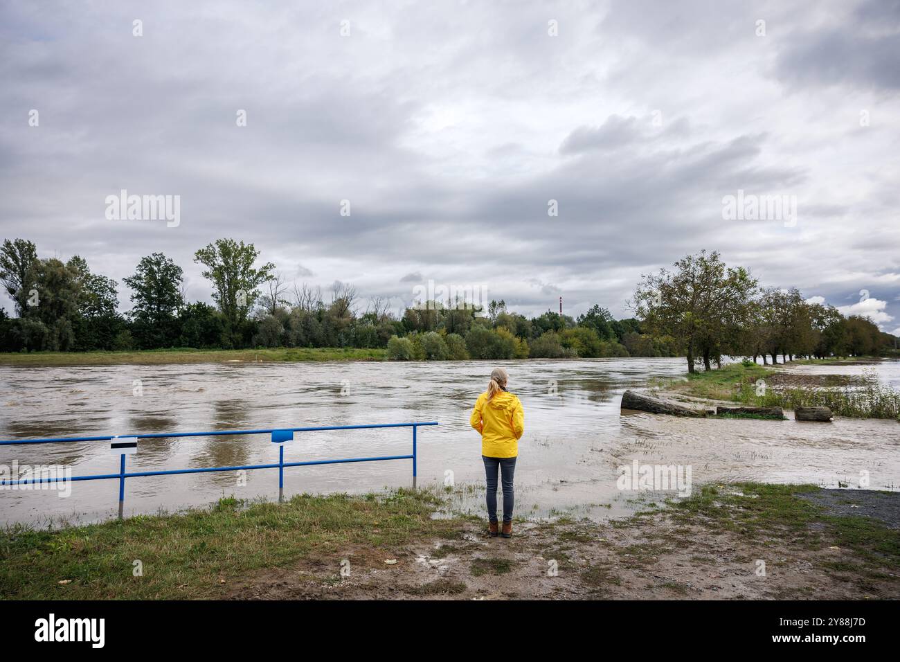 Flooded river. Worried woman looking at overflowing water during flood. Extreme weather and ...