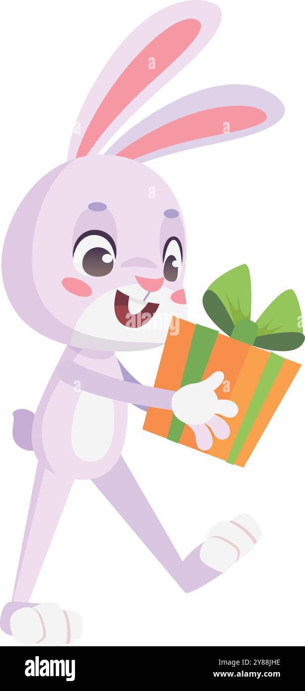 Rabbit with gift box. Cartoon birthday card character isolated on white ...