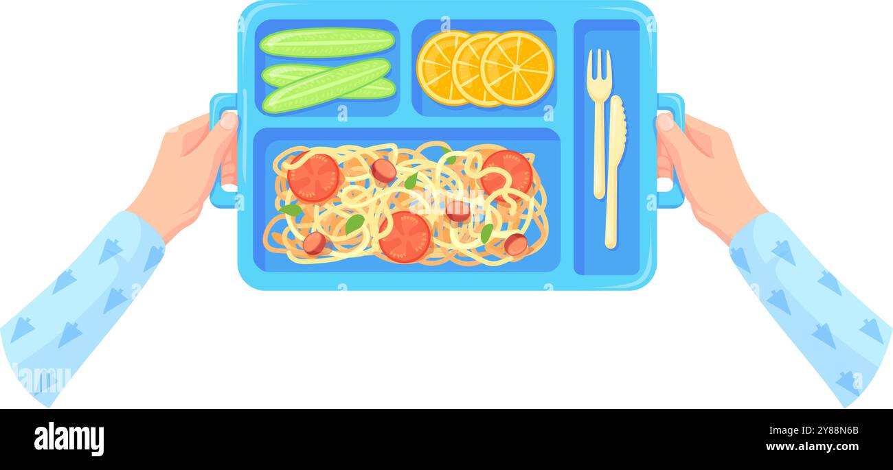 Lunch tray in human hands. Dinner food cartoon icon isolated on white ...