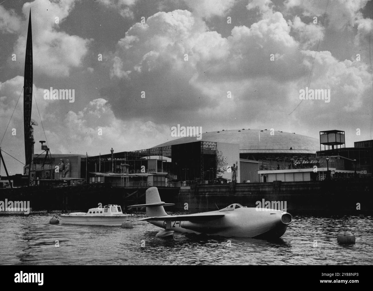 Jet Fly-Boat Fighter On Thames -- Against the background of the Skylon ...