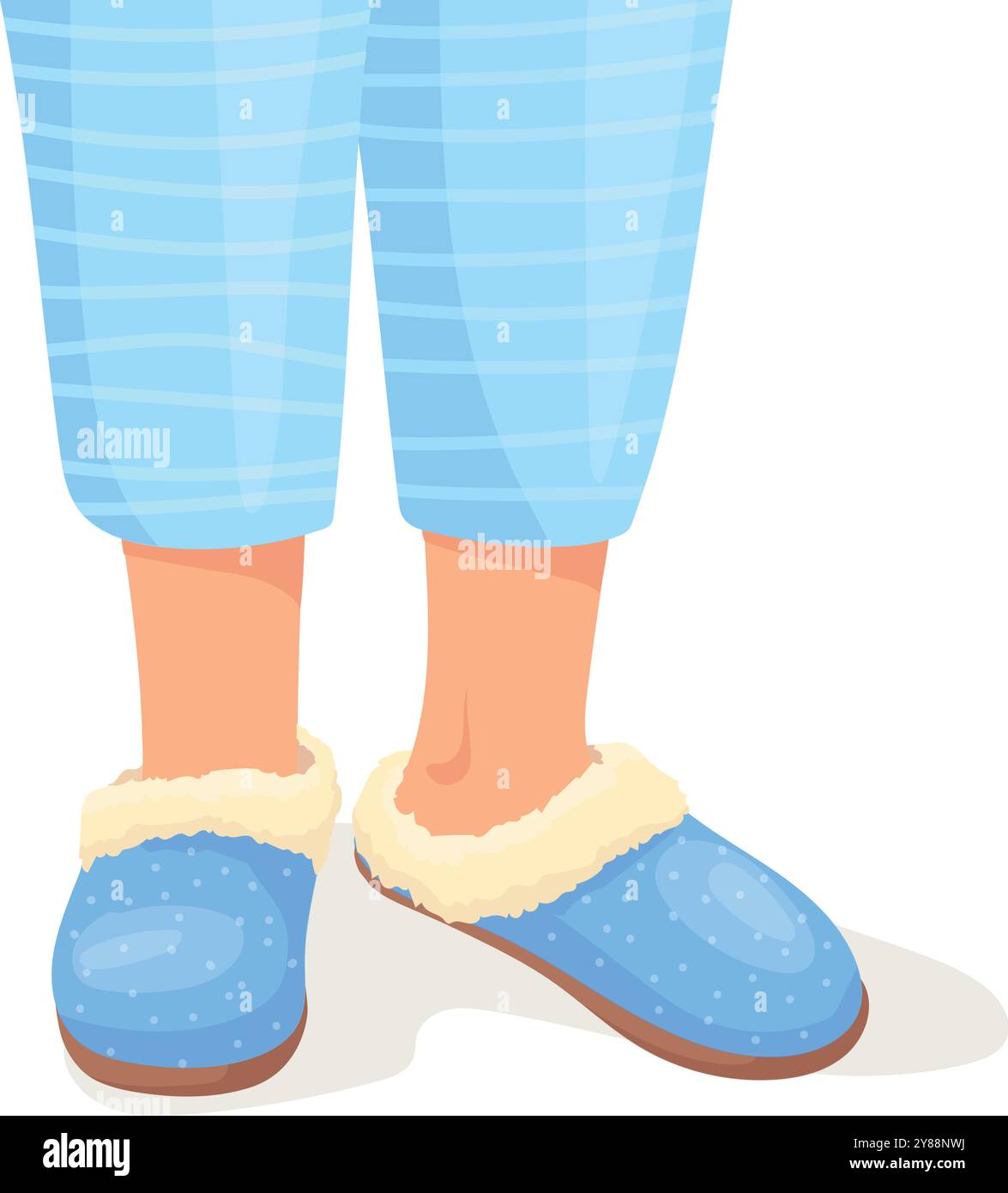 Warm cozy slippers and blue pajamas on cartoon legs isolated on white ...