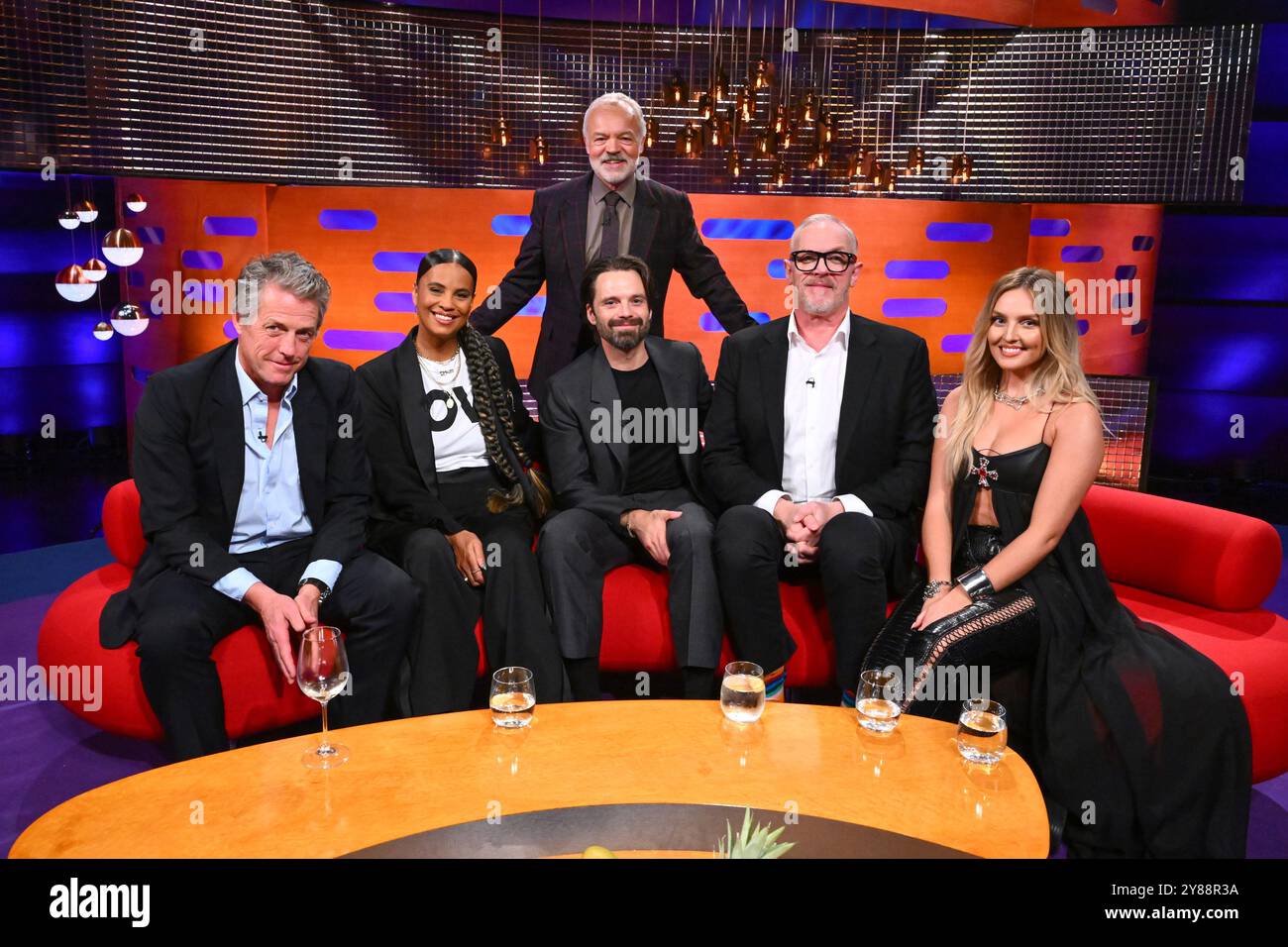 EDITORIAL USE ONLY (left to right) Hugh Grant, Neneh Cherry, Sebastian Stan, Greg Davies, Perrie ...