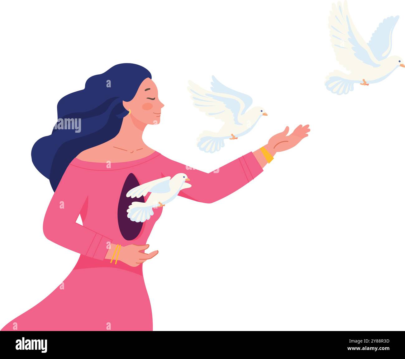 Woman release doves. Love and peace color concept isolated on white ...