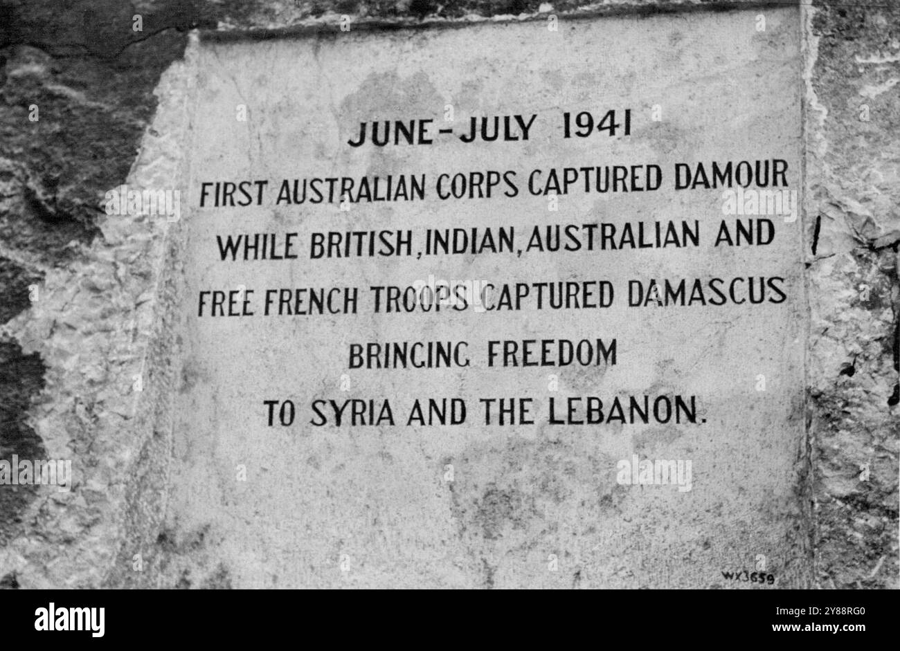 The completed memorial tablet to Australian troops at Nahr-el-Kelb (Dog ...