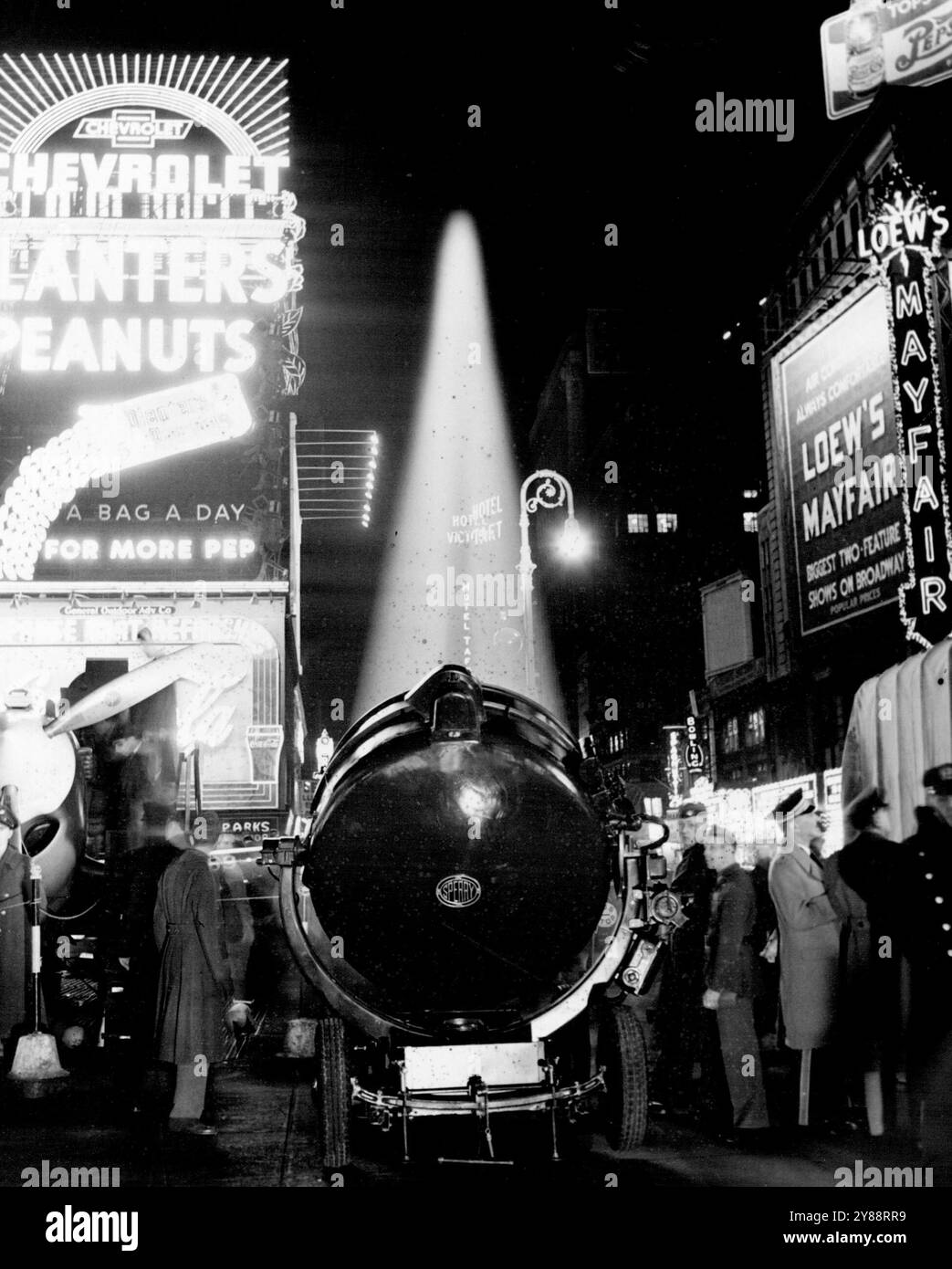 Anti-Aircraft Searchlight "Lights Up" white way New York City. The beam ...