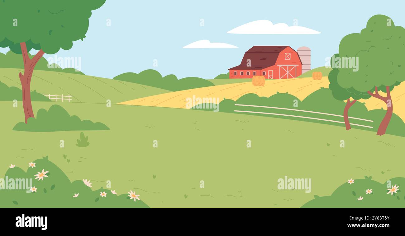 Farm scene background. Countryside landscape. Nature land. Vector ...