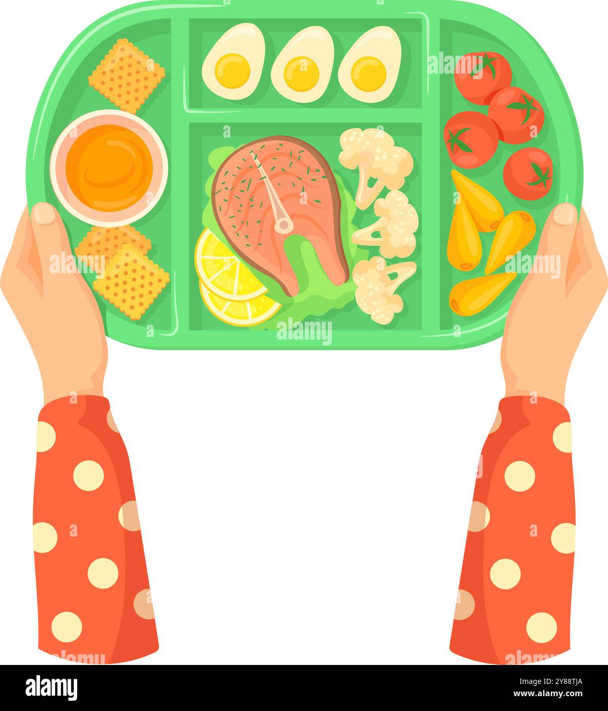 Healthy dinner on cafeteria tray in cartoon human hands isolated on ...