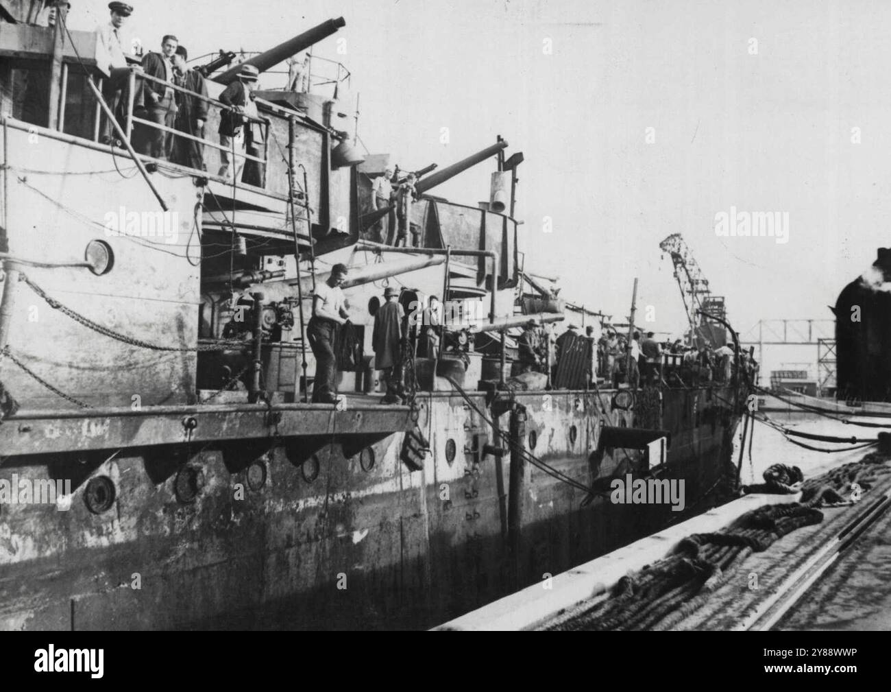 The U.S.S. Oklahoma in dry dock at the Navy dry dock, Pearl Harbor ...