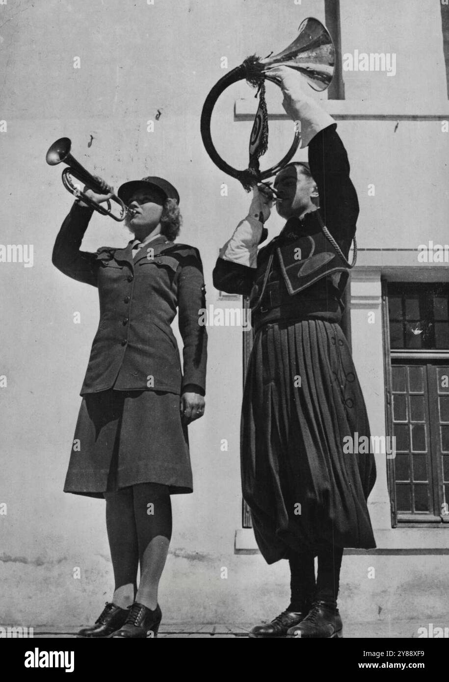 Two Allied Buglers Sound Traditional Calls Together -- A member of the Women's Army Corps of the ...