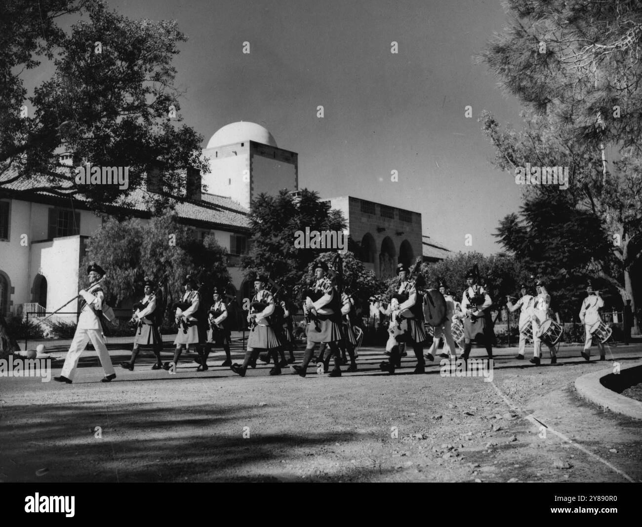 Focus On Cyprus -- It shows the band of the Royal Inniskilling Fusiliers marching to Government ...