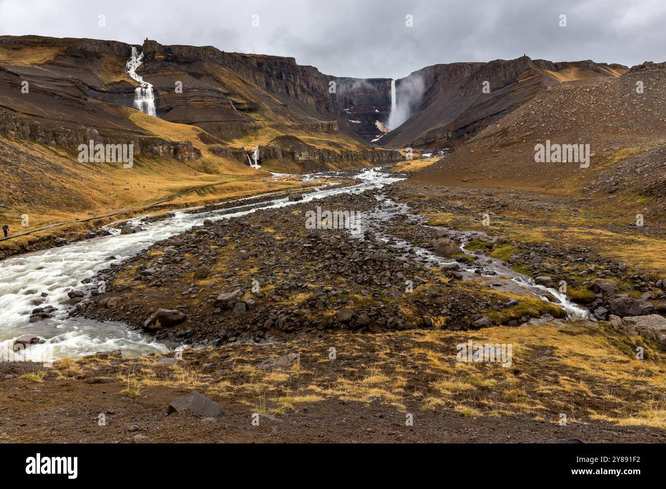 Hengifoss waterfall landscape in Iceland with Hengifossa river gorge ...