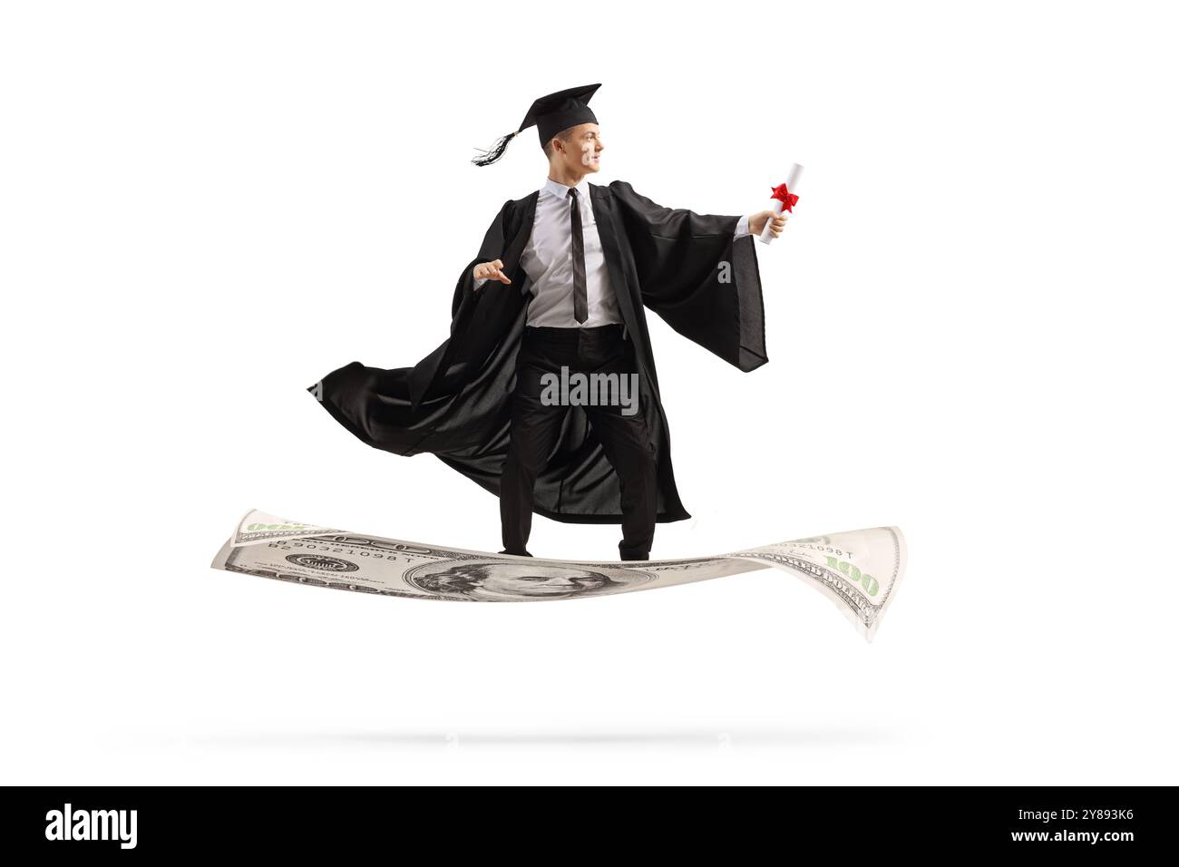 Graduate student flying on a money banknote isolated on white ...