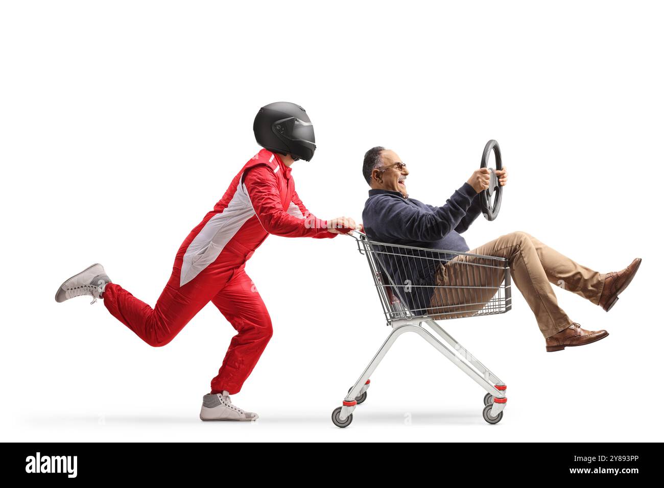 Car racer running and pushing a man inside a shopping cart isolated on ...