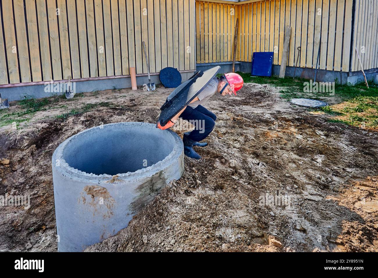Septic tank made of concrete rings installation for discharge of ...