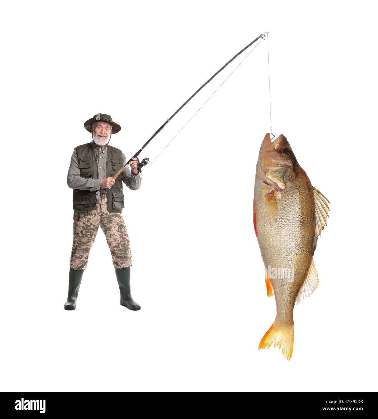 Fisherman in rubber boots catching fish on white background Stock Photo ...