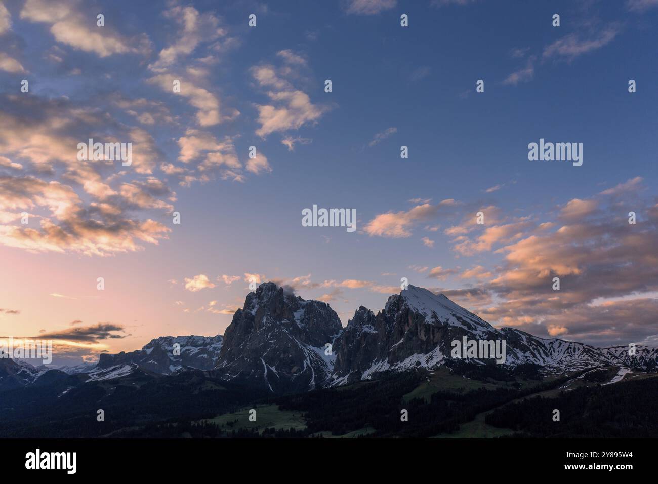 Panoramic view from the Seiser Alm to the Dolomites in Italy, drone ...