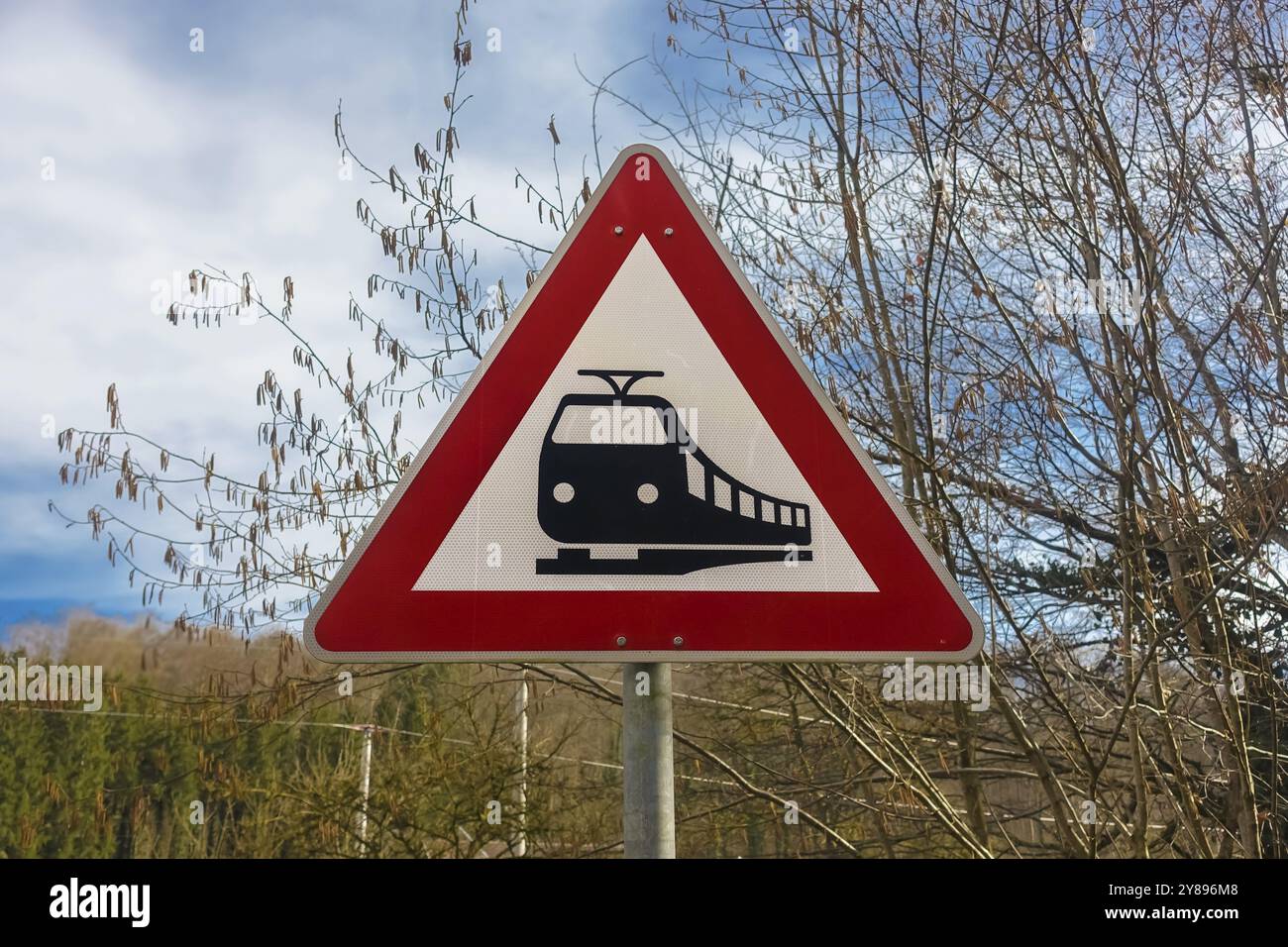 Traffic sign 151, railway crossing announcement, red triangle with ...
