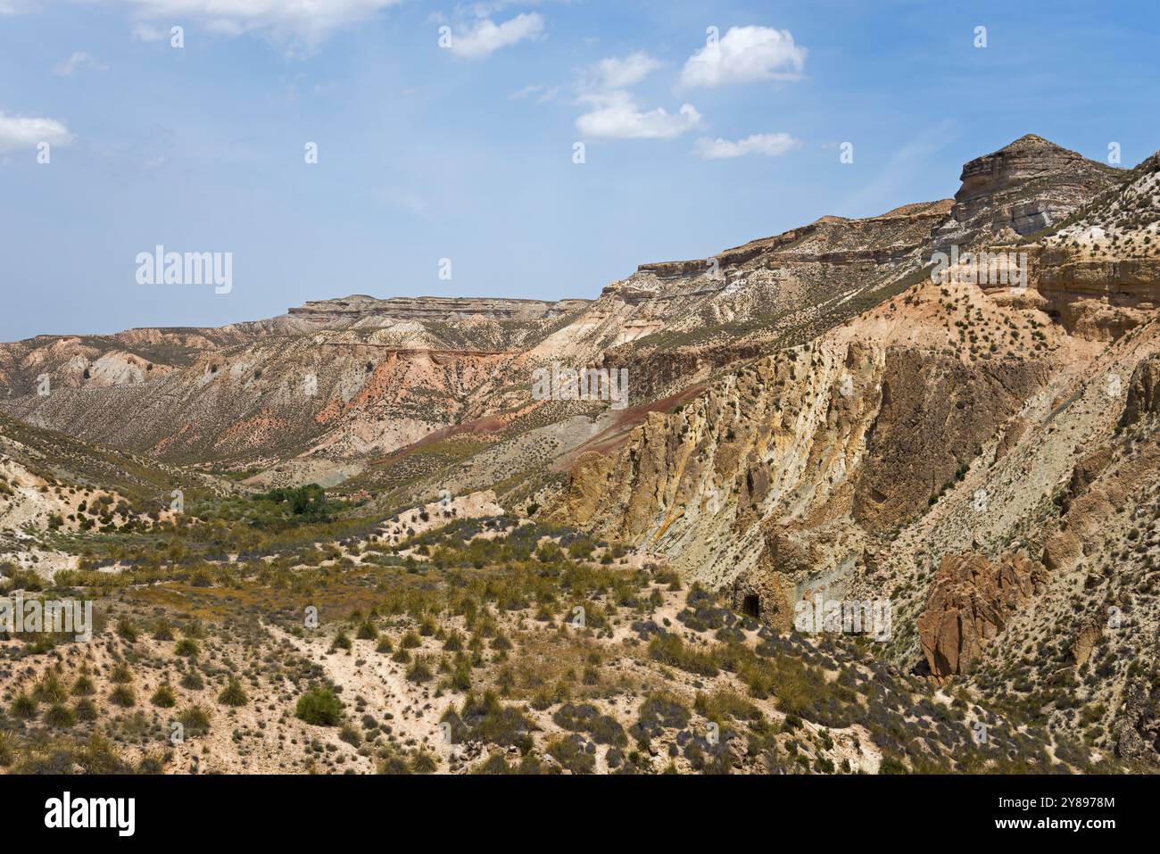 Rocky landscape under a cloudy sky with some vegetation in an arid ...