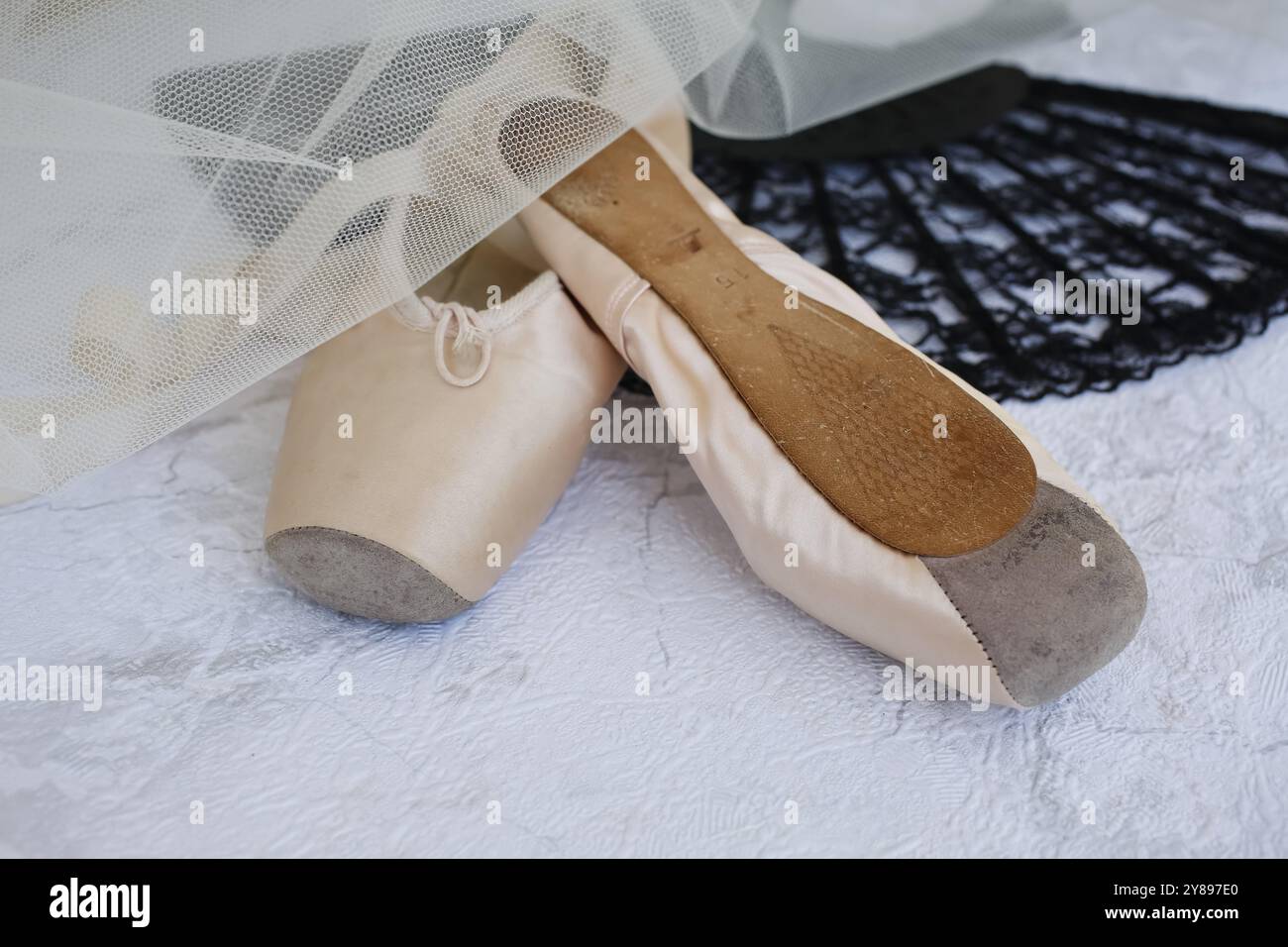Ballet shoes, pointe shoes, fan, lace, tulle, still life, dance shoes covered with satin in ...