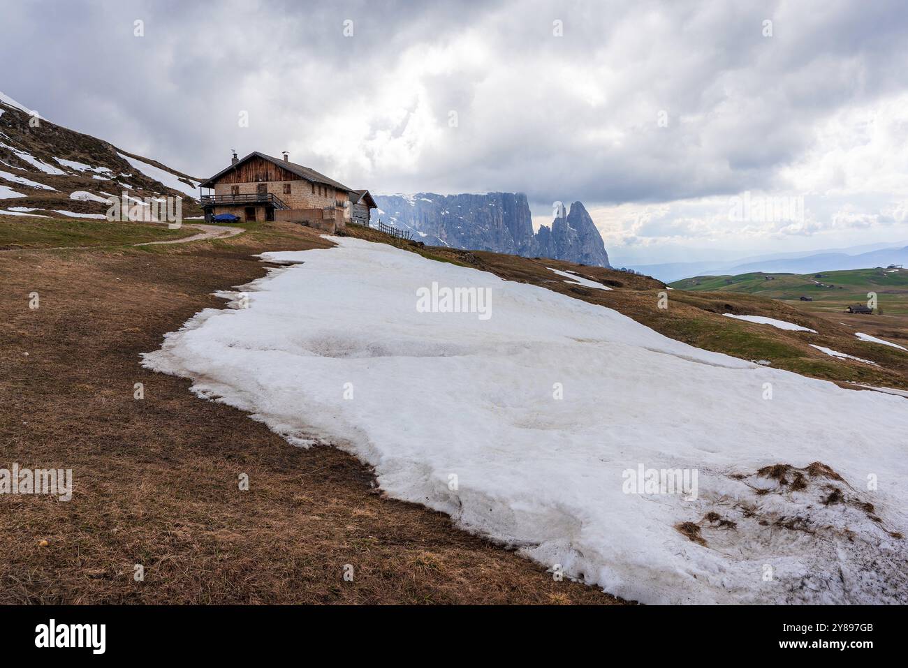 Old wooden hut on the Seiser Alm in the Dolomites in South Tyrol, Italy ...