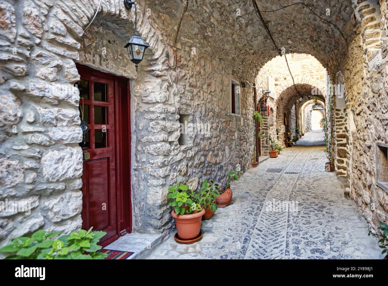 Traditional houses in the medieval mastic village of Mesta on the ...