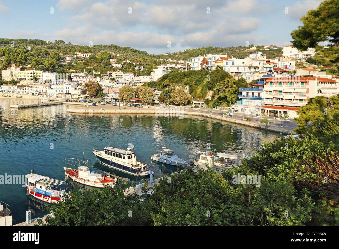 The port at Patitiri of Alonissos island, Greece, Europe Stock Photo ...