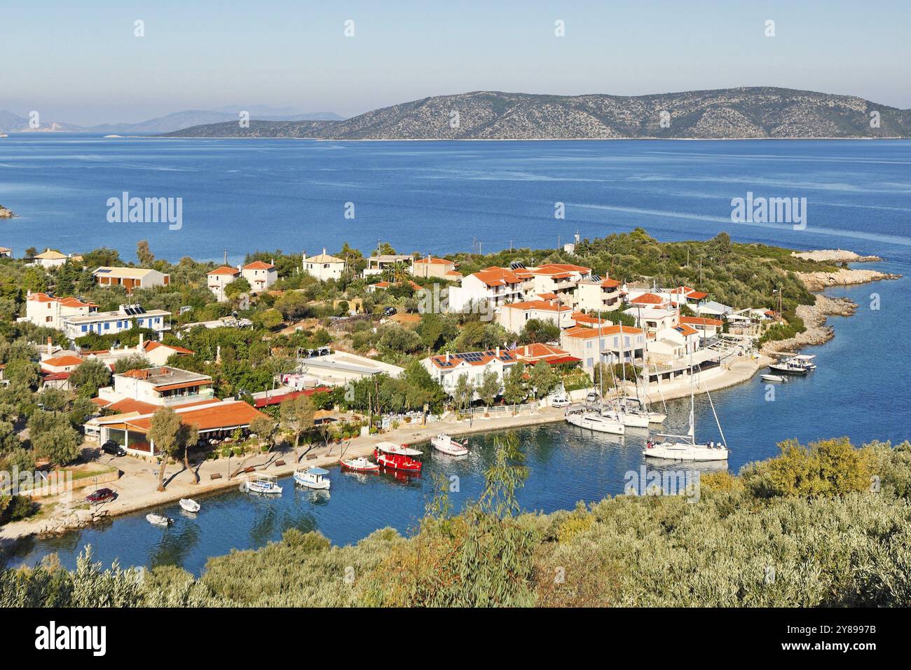 The port at Steni Vala of Alonissos island, Greece, Europe Stock Photo ...