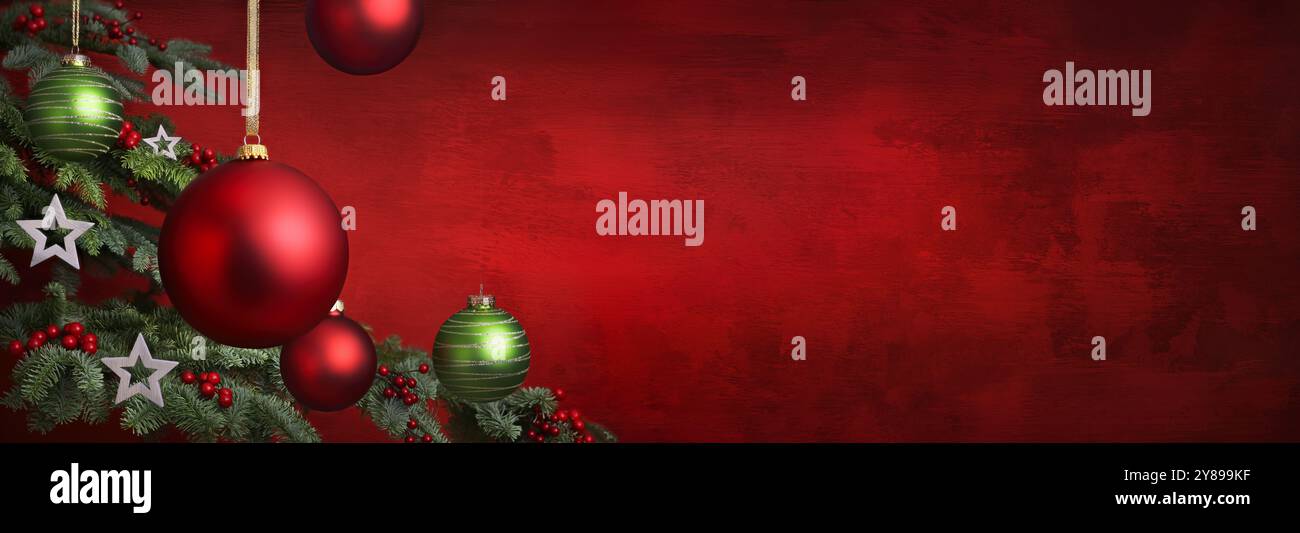 Red Christmas background banner with hanging baubles and stars as ...