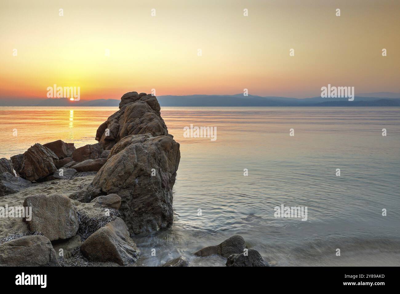 The sunset at the beach Agia Eleni of Skiathos island, Greece, Europe ...