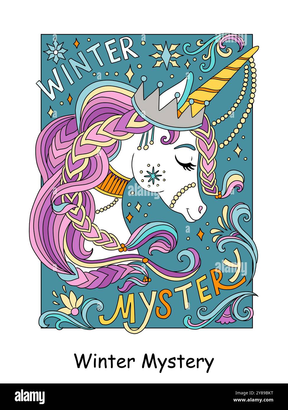 Christmas cute dreaming unicorn head. Winter mystery lettering. Vector ...