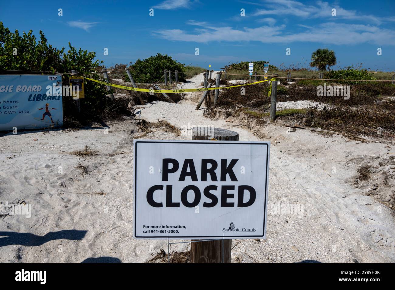 Venice Jetty North Beach Closed signs following Hurricane Helene in ...