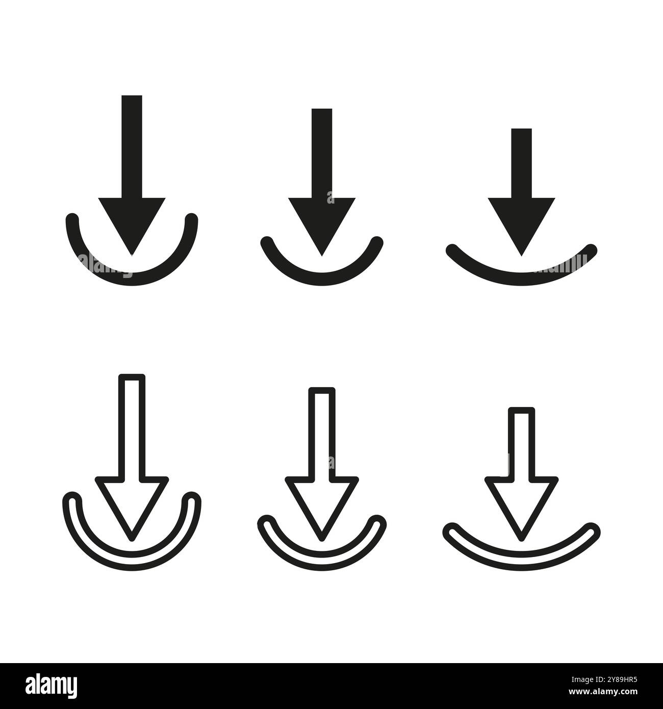 Arrow download icons. Downward pointing arrows with a semicircle. Black ...