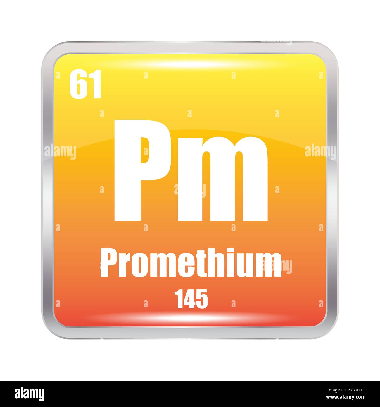Pm icon. Promethium element. Atomic number 61. Mass 145. Orange square ...