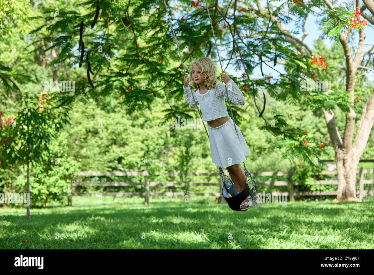 set among tress and plants a girl relaxes on swing Stock Photo - Alamy