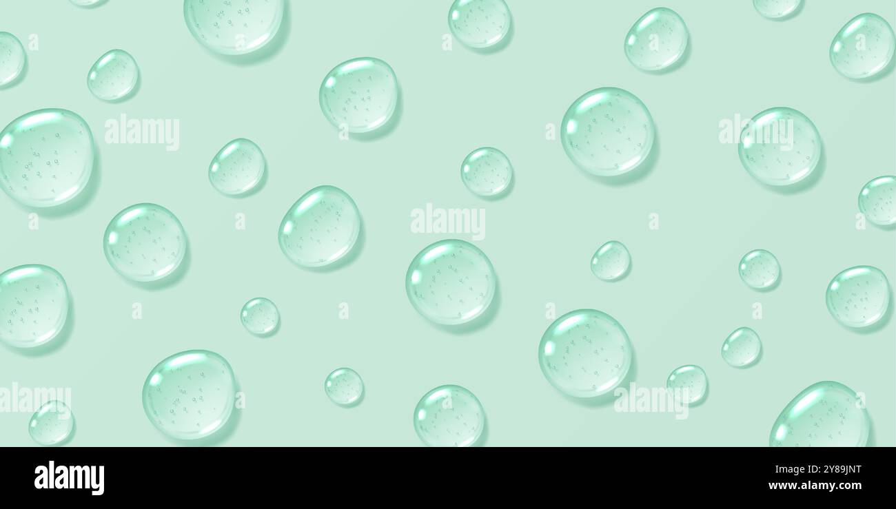 Mint serum drops background, transparent gel droplets, realistic glossy ...