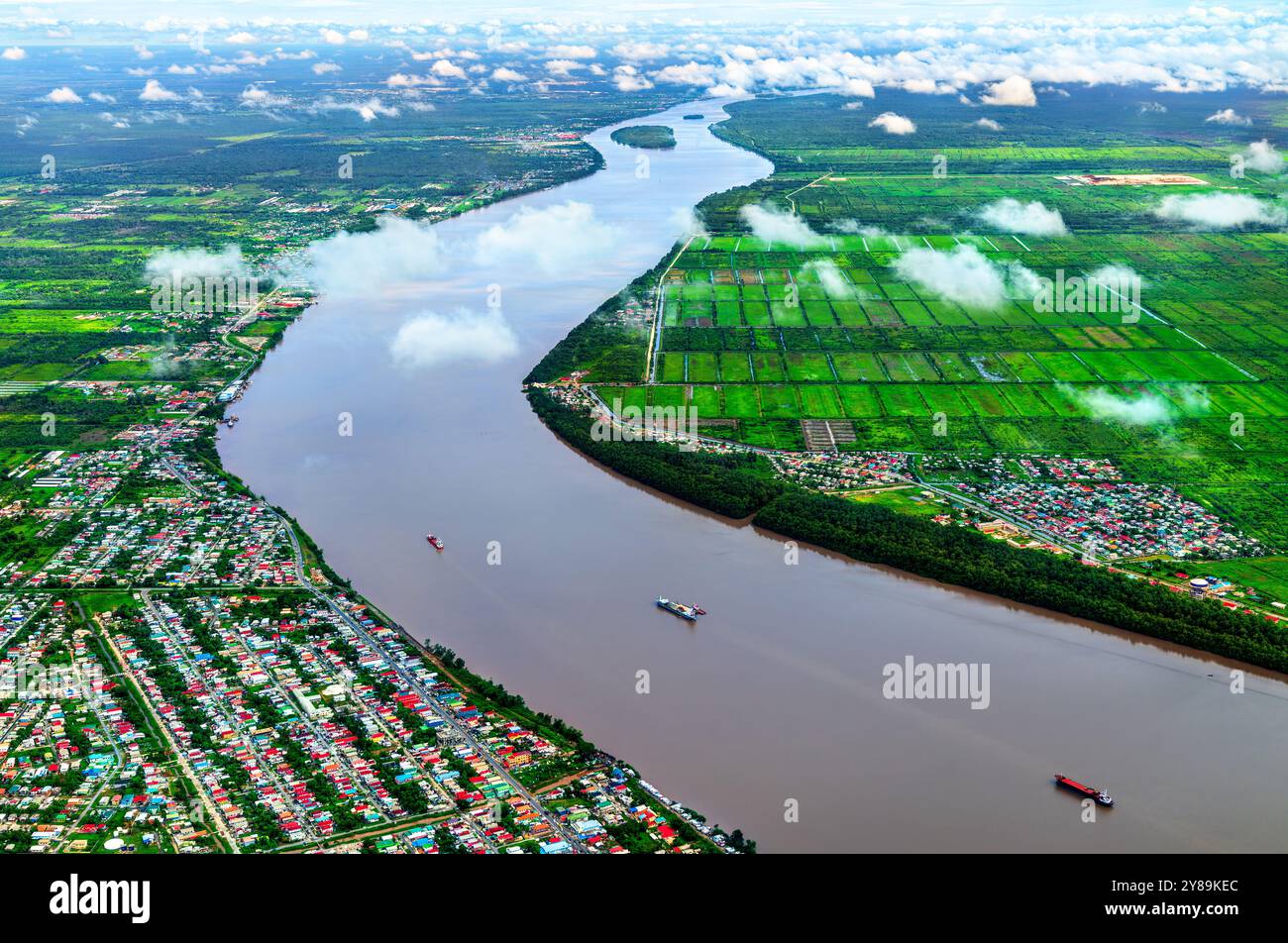Aerial view of the Demerara river south of Georgetown in Guyana, South ...