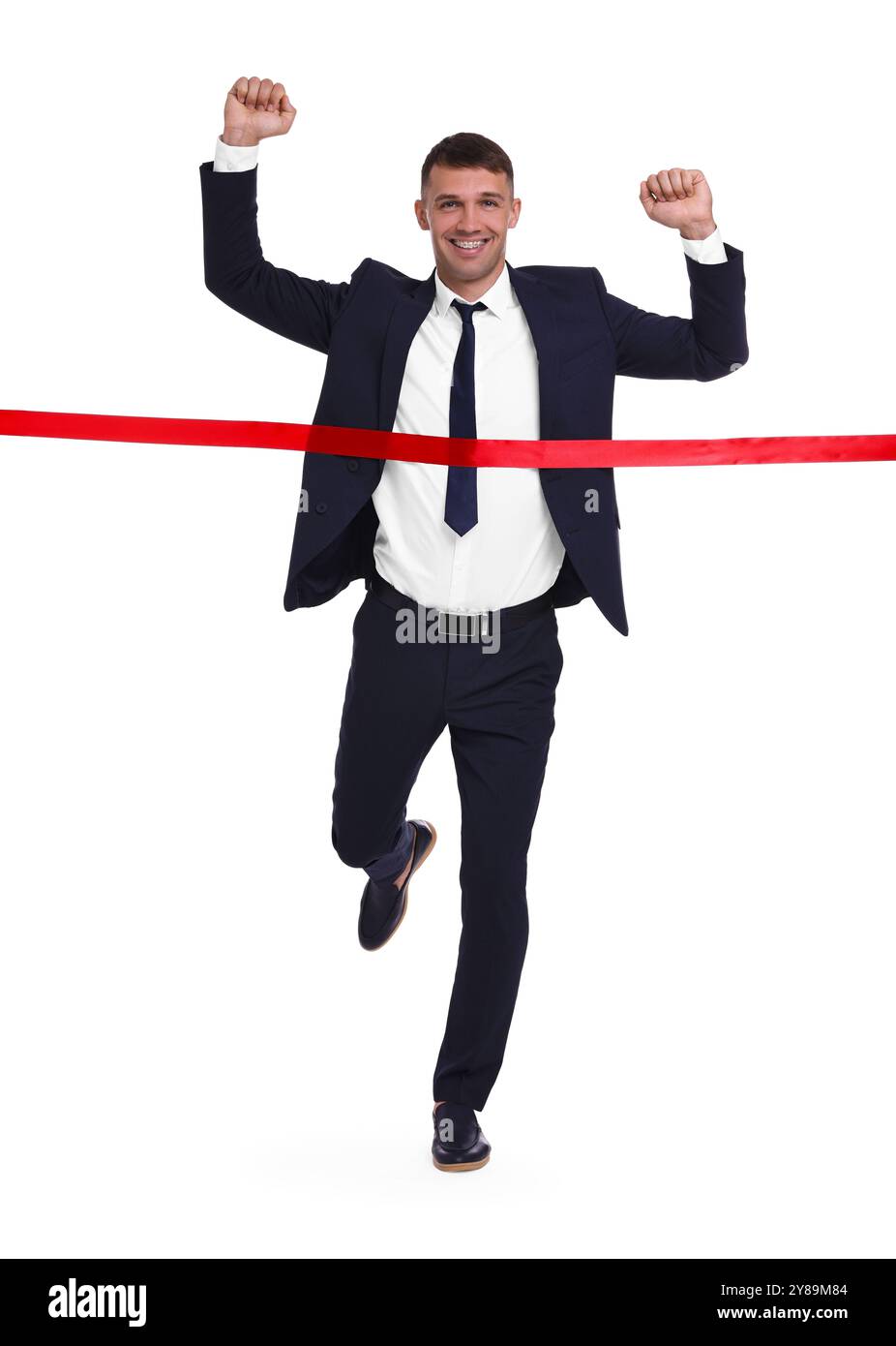Businessman in suit crossing red finish line on white background Stock ...