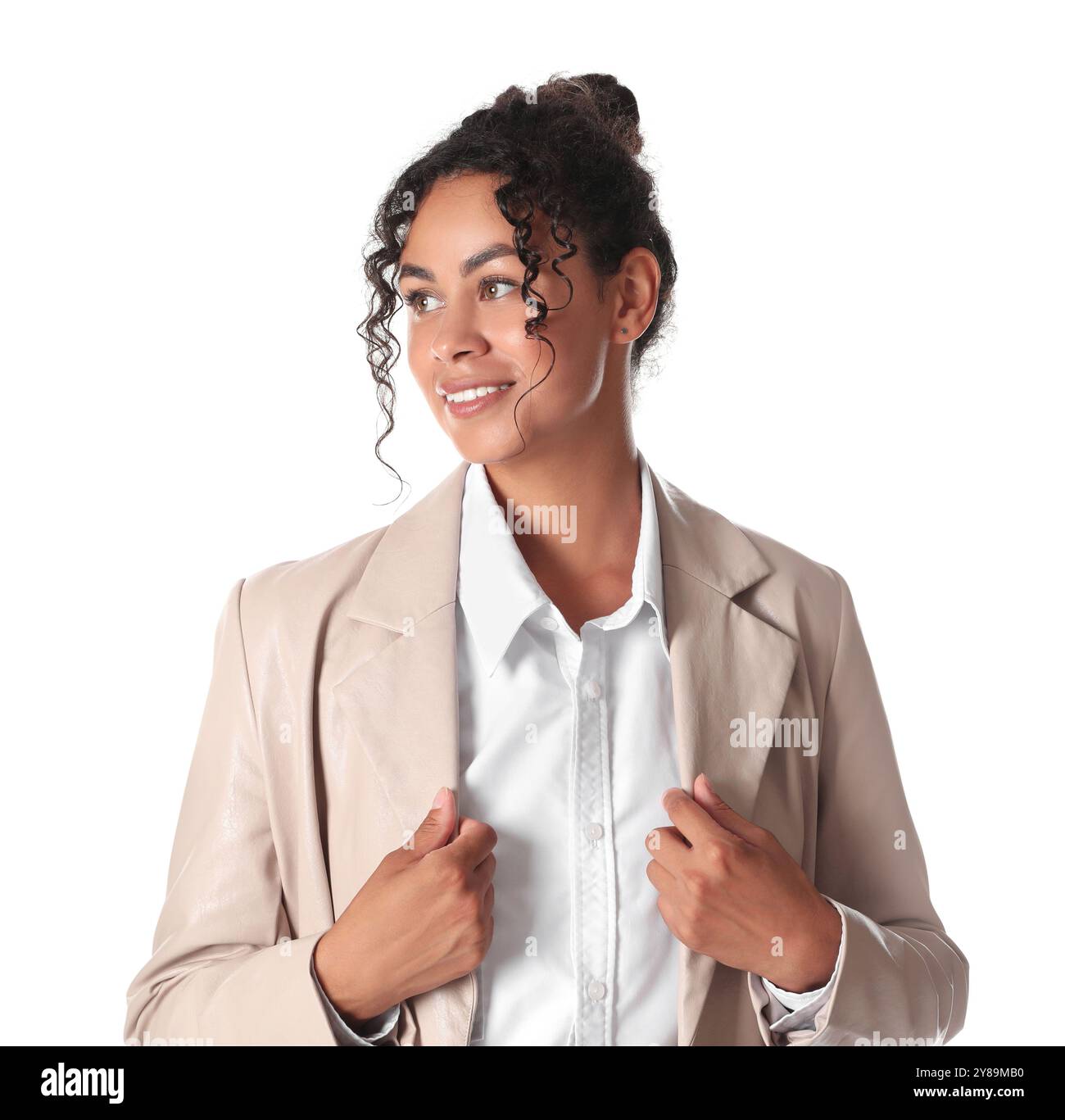 Beautiful woman in stylish jacket on white background Stock Photo - Alamy