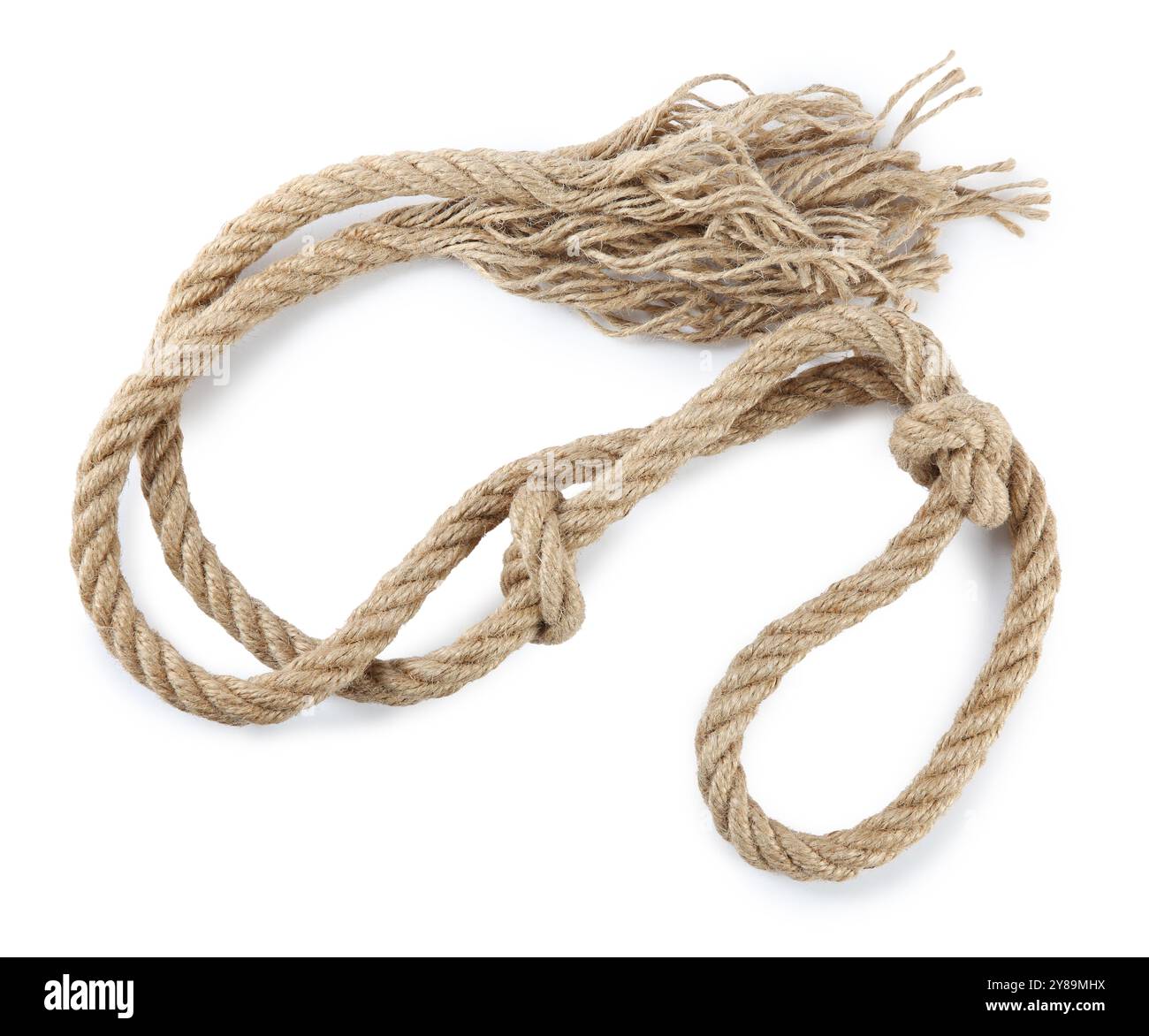 Hemp rope with knots isolated on white, top view Stock Photo - Alamy