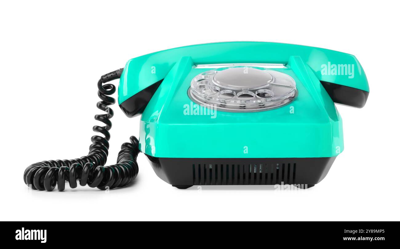 Old turquoise color telephone with rotary dial isolated on white Stock ...