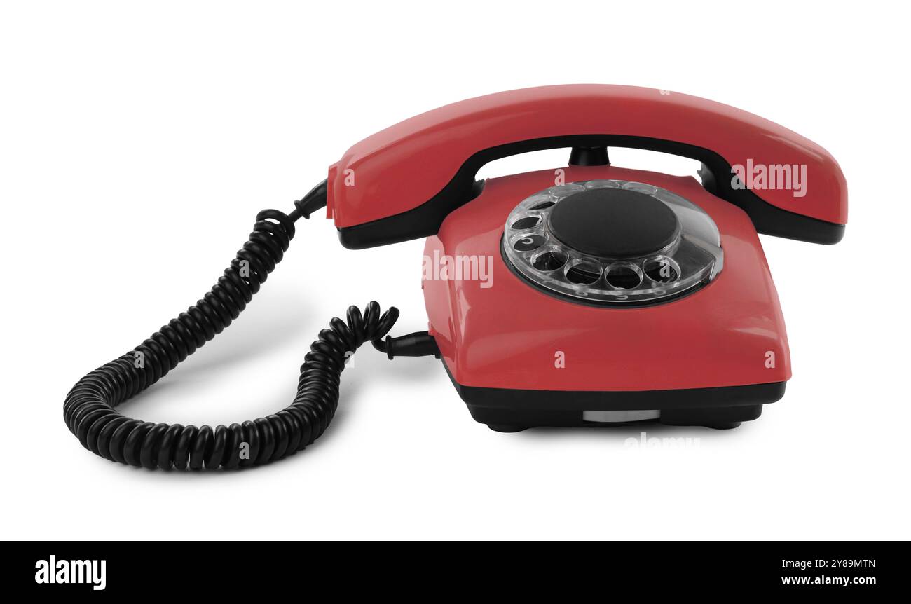 Old red telephone with rotary dial isolated on white Stock Photo - Alamy